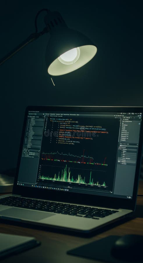 Laptop Displaying Programming Code at Night Stock Illustration ...