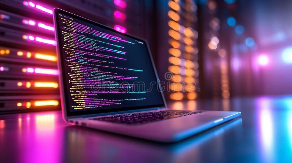 Laptop Displaying Programming Code Surrounded by Glowing Lights Stock ...