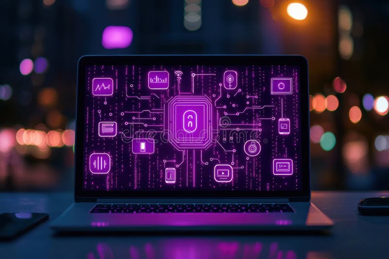Laptop Displaying Purple Digital Circuitry and Connection Patterns in ...