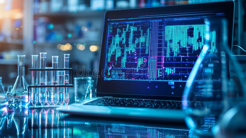 Laptop Displaying Scientific Data in a Laboratory with Test Tubes Stock ...