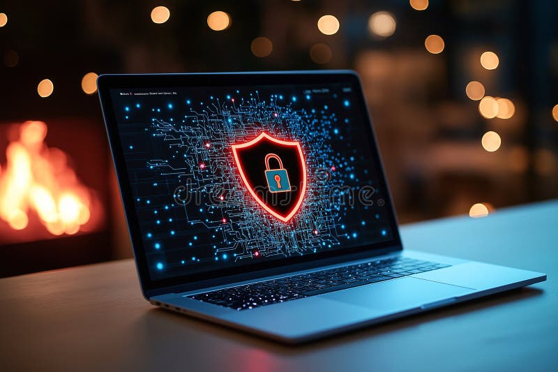 Laptop Displaying Security Shield Icon with Digital Connections ...