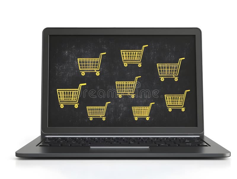 Laptop Displaying Shopping Cart Icon Yellow Screen, E-Commerce Concept ...