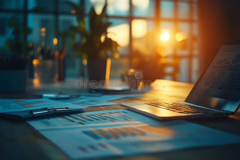 Laptop Displaying Statistics with Charts and Graphs Lying on Desk with ...