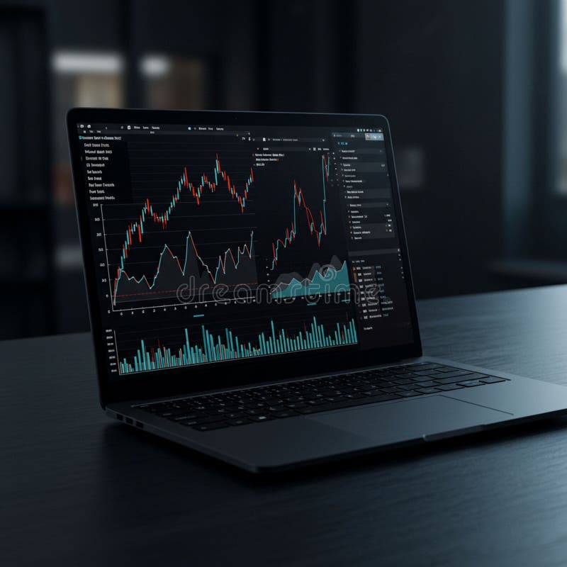 Laptop Displaying a Stock Market Analysis Interface with Multiple Line ...