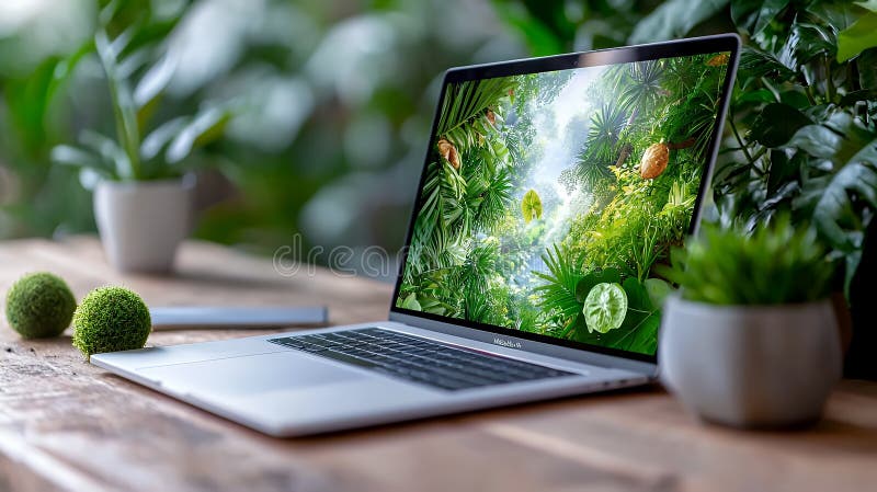Laptop Displaying Tropical Rainforest Digital Artwork Stock ...