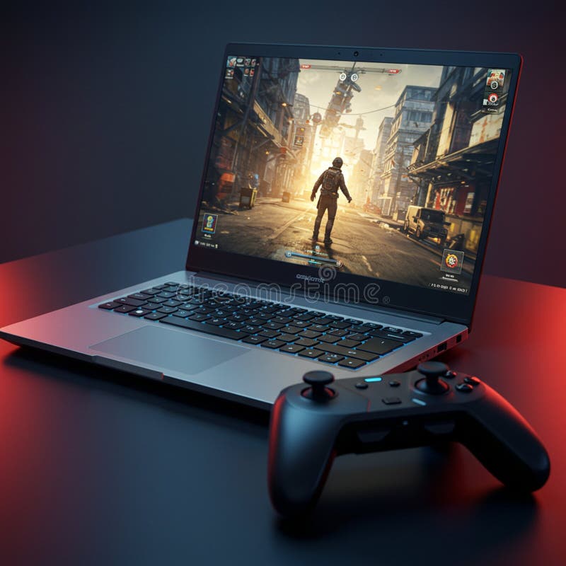 A Laptop Displaying a Video Game Scene Sits on a Dark Surface ...