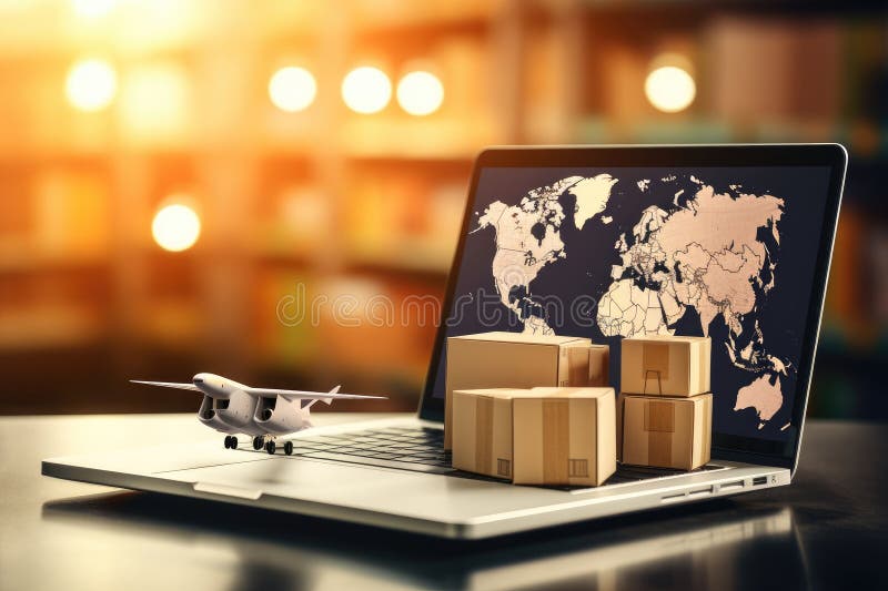 Laptop Displaying World Map Standing in Storage with Boxes. Concept of ...