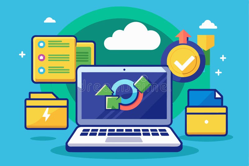 A Laptop Displays a Backup Process Symbol Alongside Folders and Tools ...