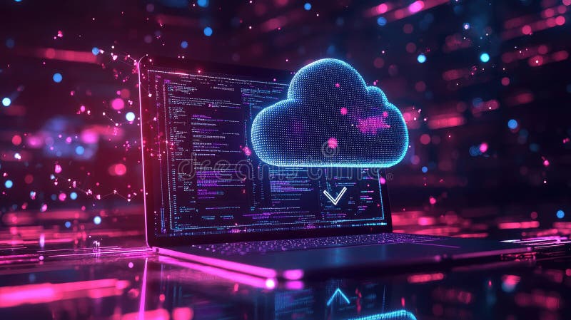 Futuristic Cloud Computing on Laptop Screen with Coding, Data Streams, Cybersecurity and Glowing ...