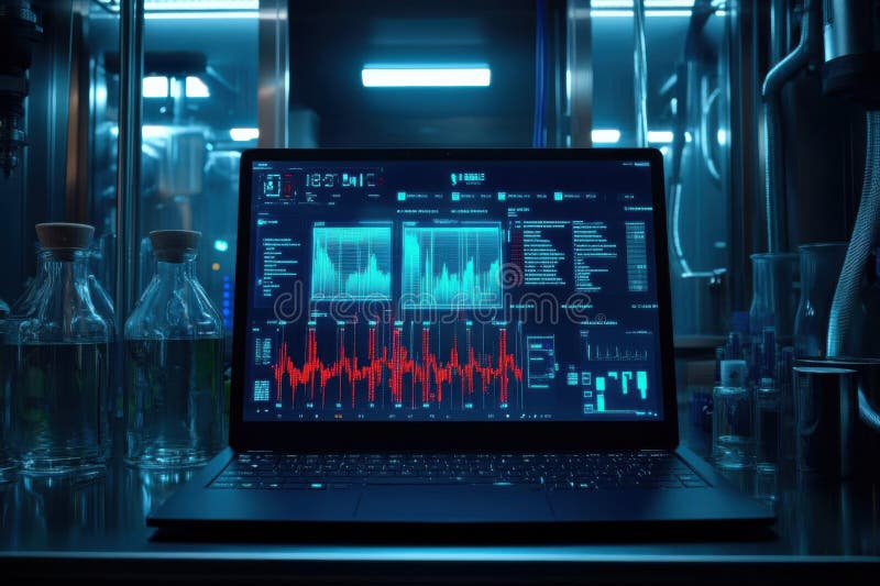 Laptop Displays Complex Data in Laboratory. Advanced Concept Stock ...