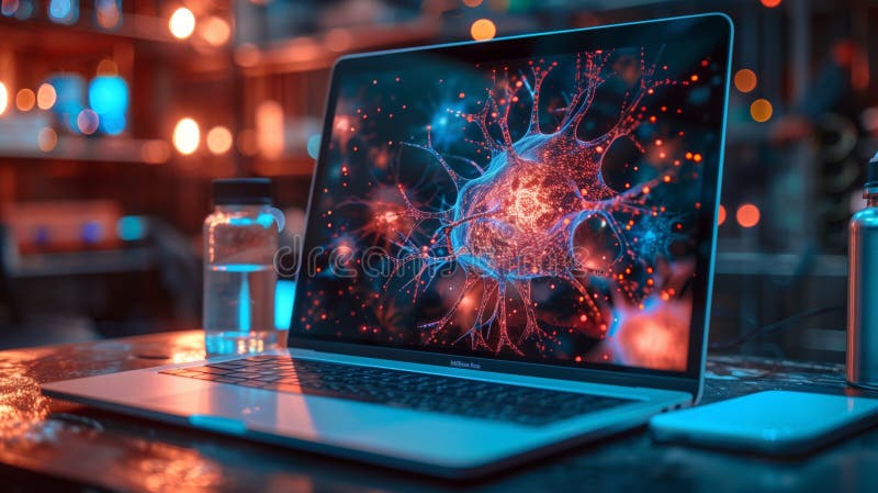 A Laptop Displays a 3D Rendering of a Neuron on Its Screen Stock ...
