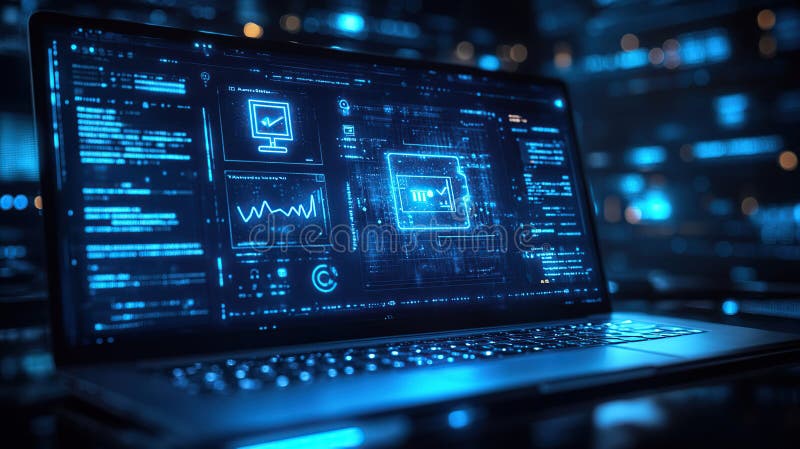 Laptop Displays Data Analytics Futuristic Server Room Background Stock ...