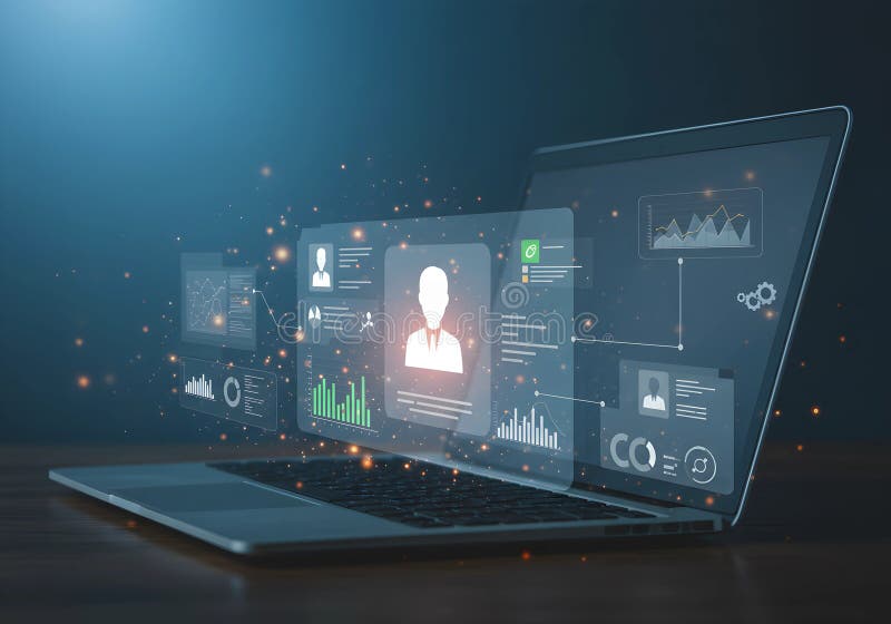 Laptop Displays Data with Graphs and User Profiles Stock Illustration ...