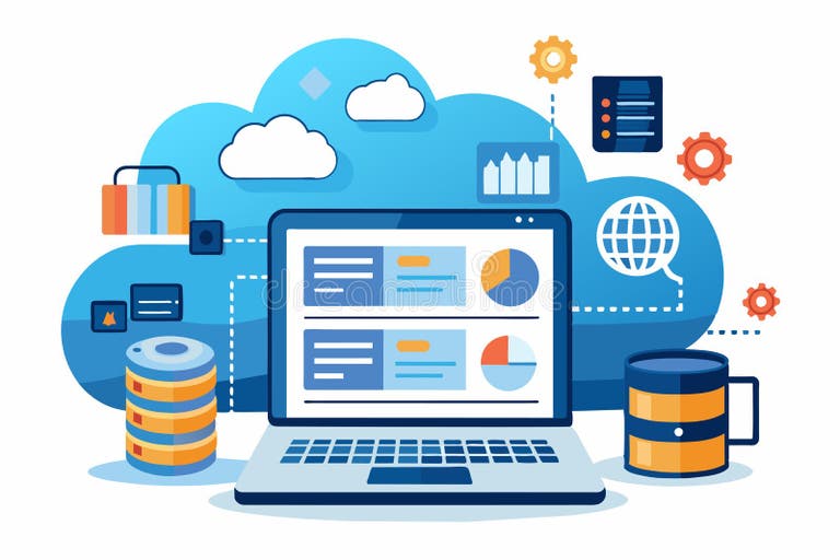 A Laptop Displays Data Storage Dashboards, Showcasing Cloud Technology and Online Management ...