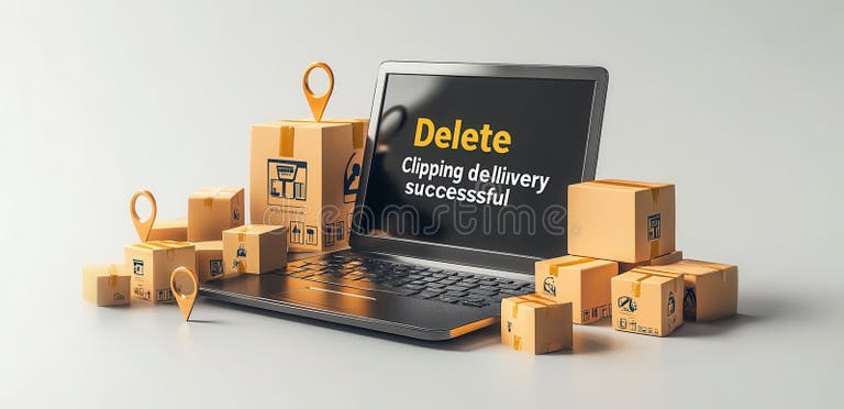 Laptop Screen Showing Delivery Message with Parcel Boxes Connections ...