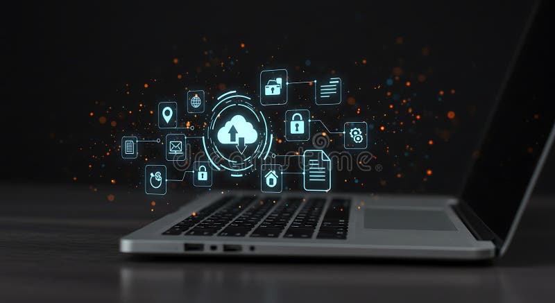 A Laptop Displays a Digital Concept with Holographic Icons Floating ...