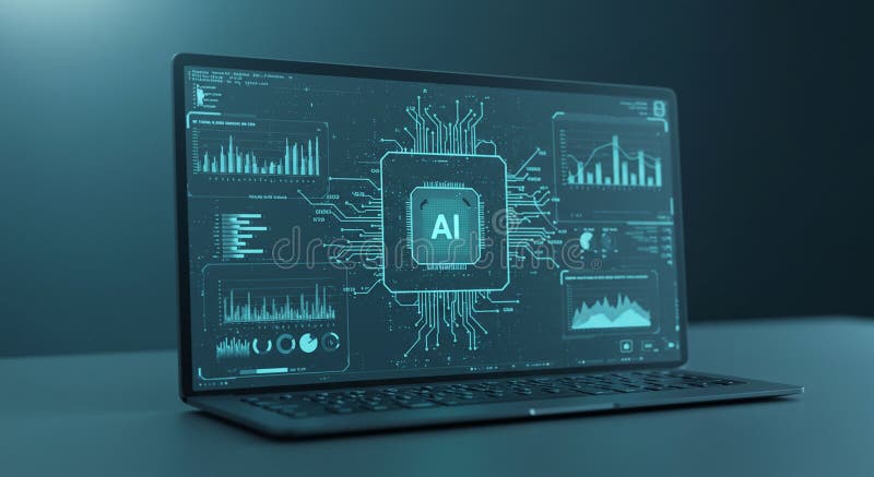 A Laptop Displays a Digital Interface Featuring a Central "AI" Chip ...