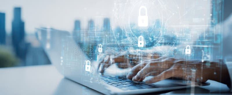 The Laptop Displays a Digital Security Interface with Lock Symbols..AI ...