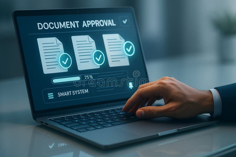 A Laptop Displays a "DOCUMENT APPROVAL" Interface with Three Document ...