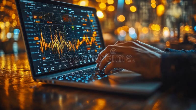 A Laptop Displays Financial Data Analytics with Glowing Blue and Orange ...