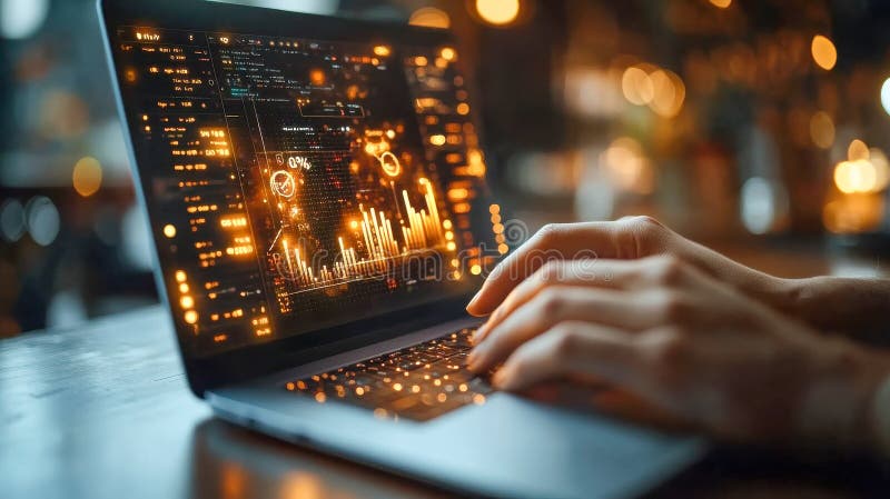 A Laptop Displays Financial Data Analytics with Glowing Blue and Orange ...