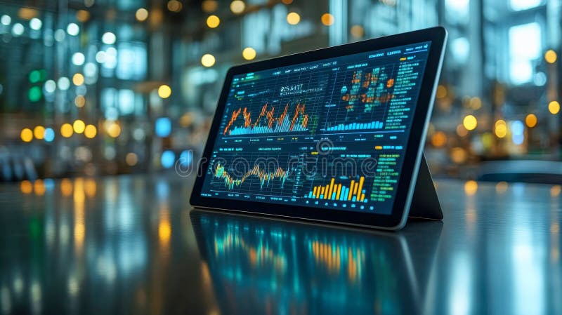 A Laptop Displays Financial Data Analytics with Glowing Blue and Orange ...