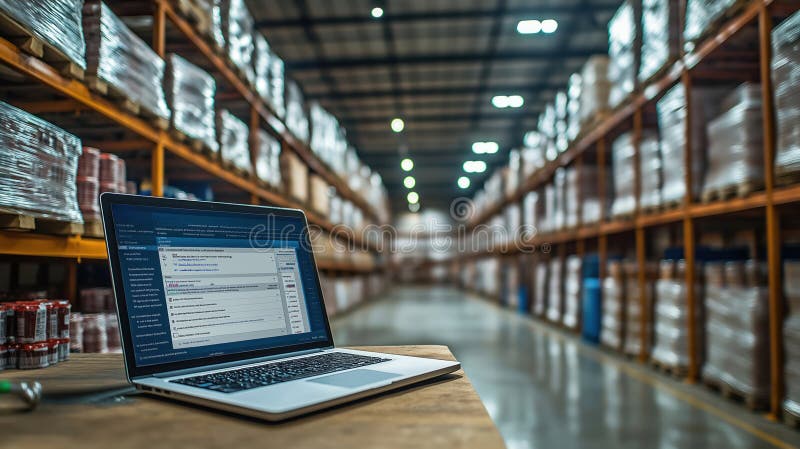 Laptop Displays Inventory Management Software. Warehouse Shelves Filled ...