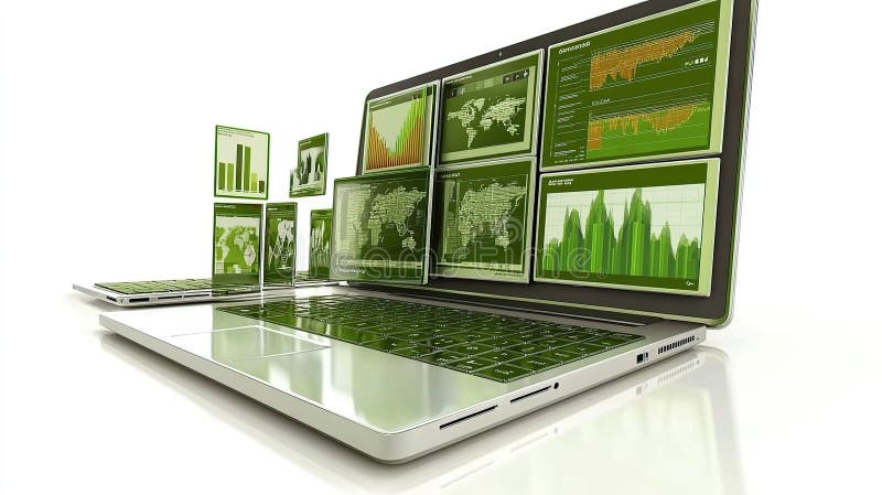 Laptop Displays Multiple Green Eco-friendly Data Charts and Graphs ...