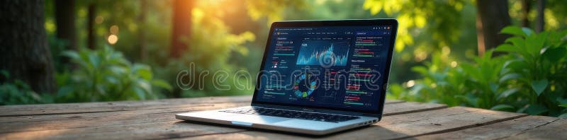 Laptop Displays Network Data on Rustic Wooden Table Outdoors, Digital ...