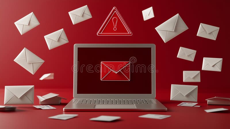 Laptop Showing Red Email Icon with Warning Sign and Flying Envelopes ...