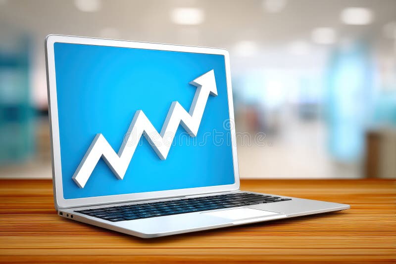 A Laptop Displays an Upward Trending Arrow on the Screen in Office ...