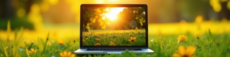 Laptop Displays a Vibrant Video Call, Sunny Grass Backdrop, Digital ...