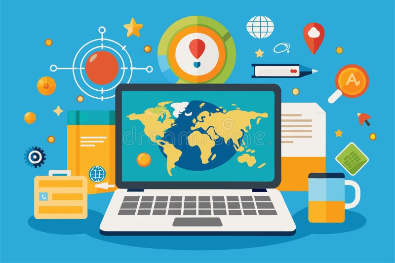 A Laptop Displays a World Map Amid Colorful Graphics Representing ...