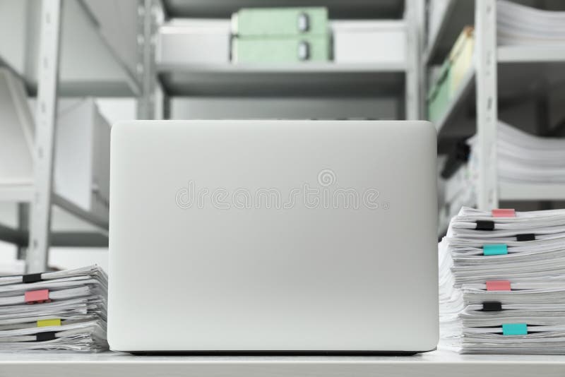 Laptop and Documents on Desk Stock Image - Image of data, management ...