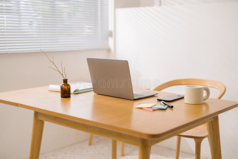 Laptop and Documents on Wooden Work Desk at Home, Comfortable Workspace ...