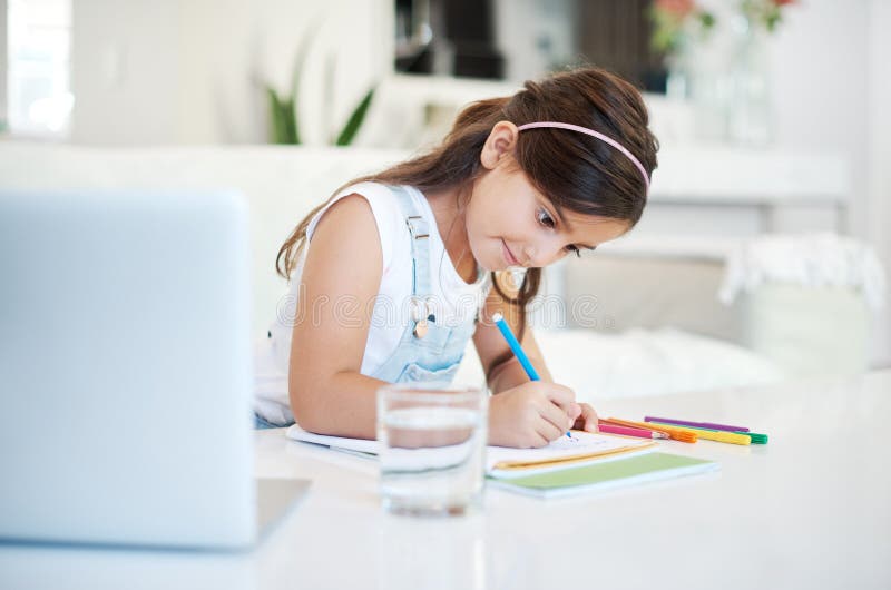 Laptop, Elearning and Child Writing by Desk in Home for Development ...
