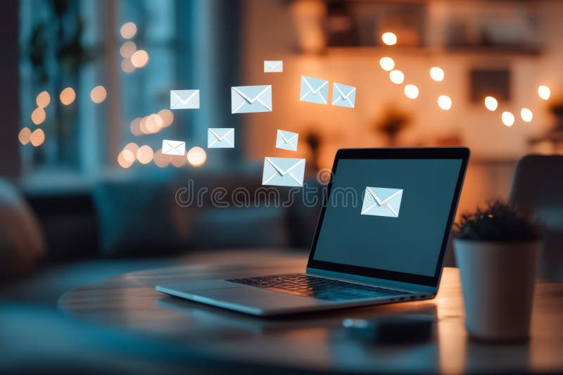 Laptop with Email Icons Floating Around Stock Photo - Image of tech ...