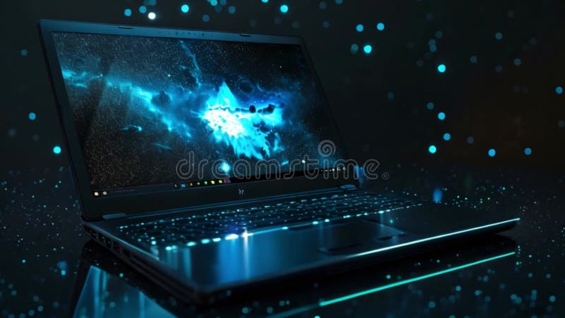 Illuminated Laptop with Glowing Blue Particles on Dark Background Stock ...
