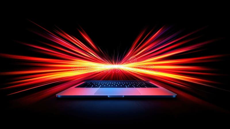 Laptop Emitting Dynamic Light Beams on Black Background Stock ...