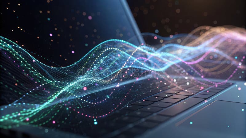 Laptop Emitting a Wave of Light Symbolizing Quantum Computing Business ...
