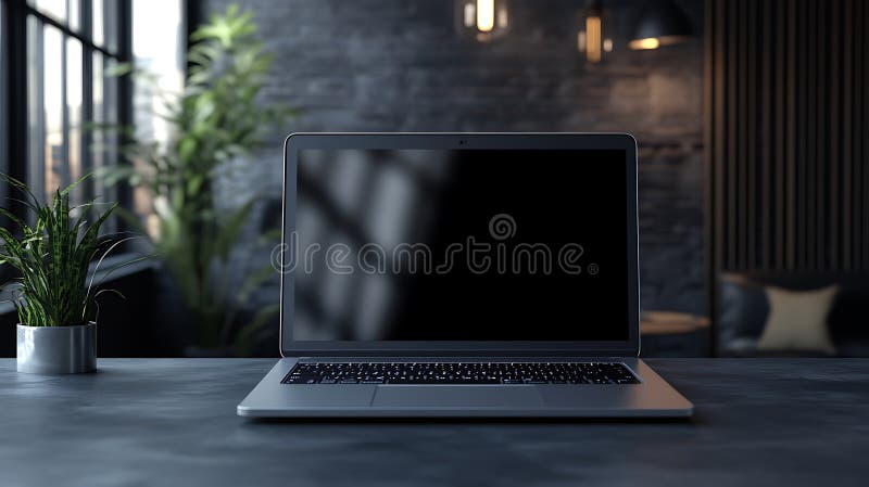 Laptop with Empty Display in Dark Office with Modern Industrial Stock Illustration ...