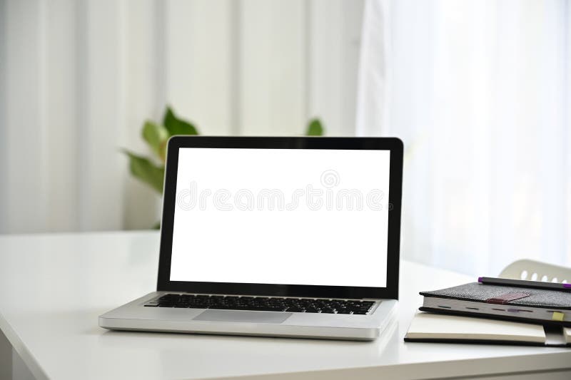 Laptop Empty Screen on White Table with Notebook Paper Stock Image ...