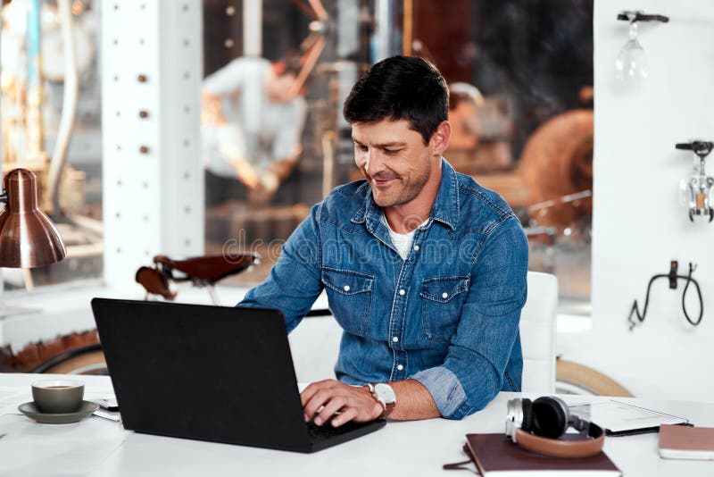 Laptop, Engineering and Man Metal Worker in Workshop Typing Email for ...