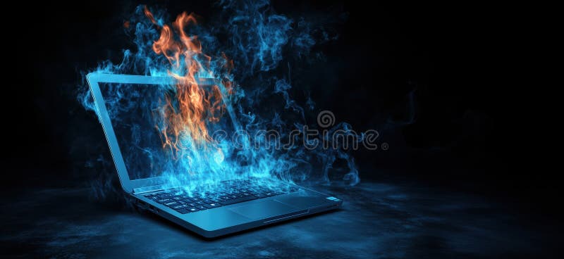 Laptop Engulfed in Blue Flames and Orange Fire Creating a Surreal ...
