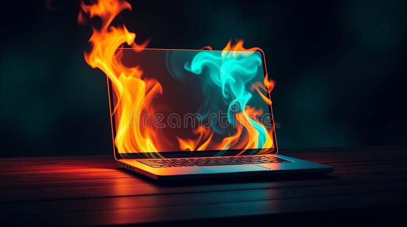 Laptop Engulfed in Fiery Flames, a Dramatic Visual Metaphor for Data ...