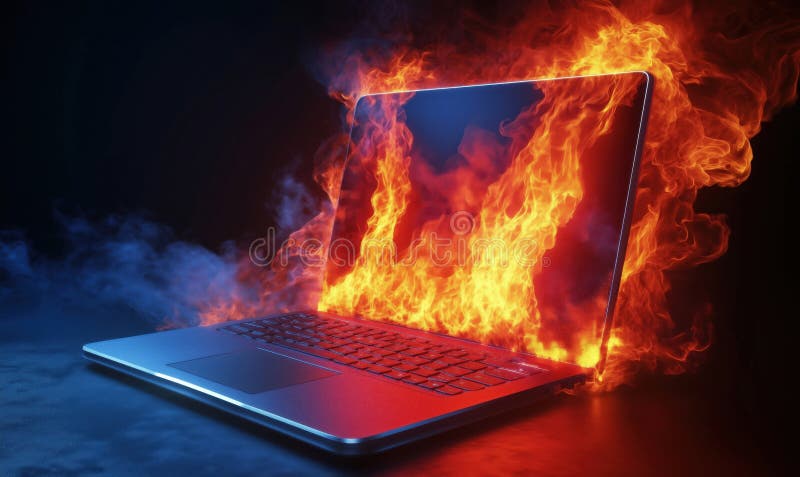 Laptop Engulfed in Flames with Smoke Effects Creating Dramatic Visual ...