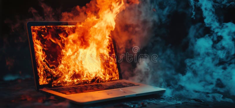Laptop Engulfed Flames Smoke Fire Effects Creating Dramatic Visual ...