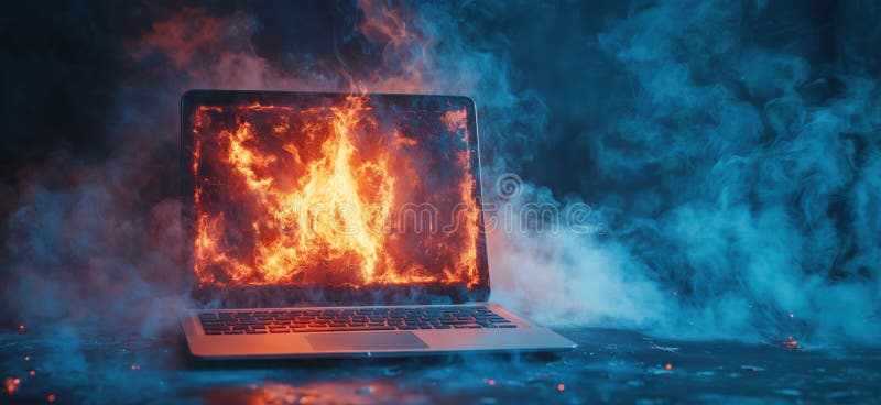 Laptop Engulfed in Flames with Smoke, Representing Technology Disaster ...
