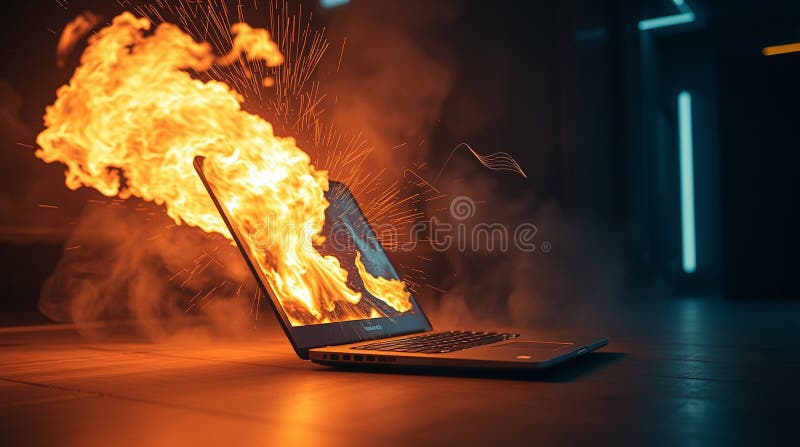 Laptop Engulfed in Flames, Sparks Flying. Dramatic Image of ...