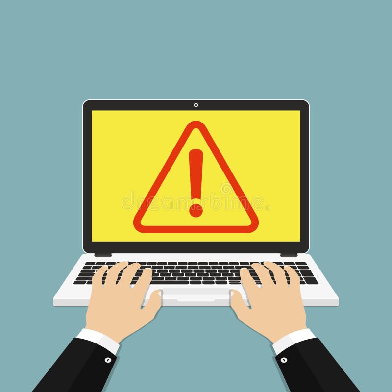 Laptop with Exclamation Mark on Screen. Hands on the Laptop Stock ...